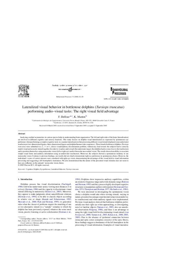 (PDF) Lateralized visual behavior in bottlenose dolphins (Tursiops truncatus) performing audio ...