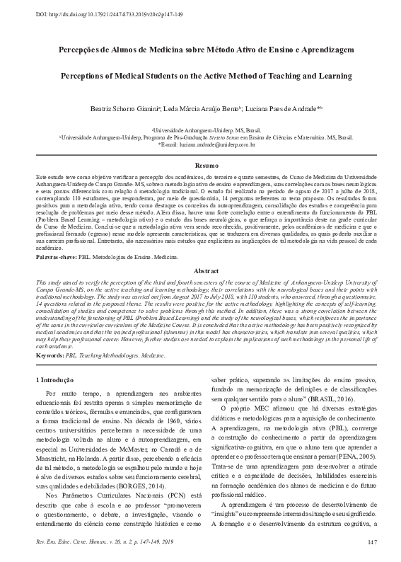 (PDF) Percepções de Alunos de Medicina sobre Método Ativo de Ensino e ...