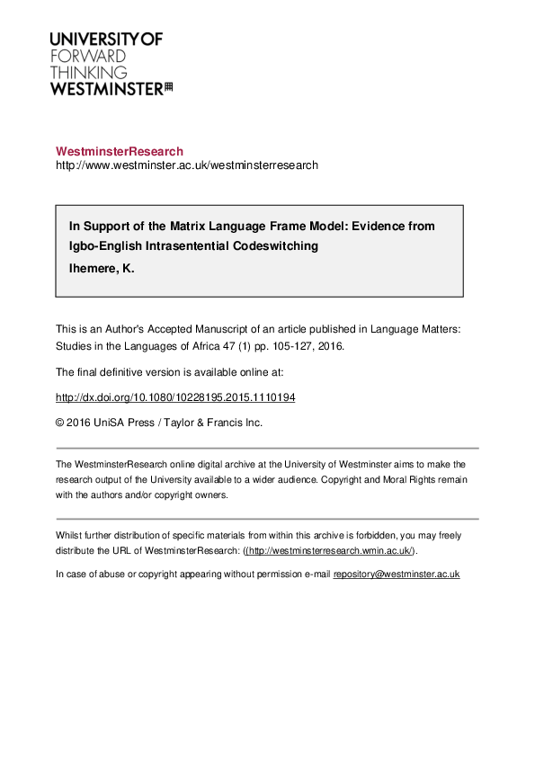 (PDF) In support of the Matrix Language Frame Model: Evidence from Igbo-English intrasentential ...