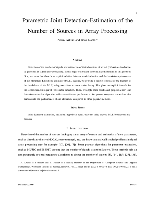 Pdf Parametric Joint Detection Estimation Of The Number Of Sources In Array Processing Noam