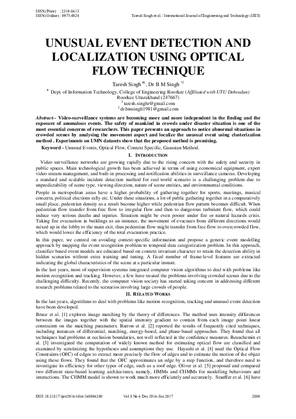 Pdf Unusual Event Detection And Localization Using Optical Flow Technique