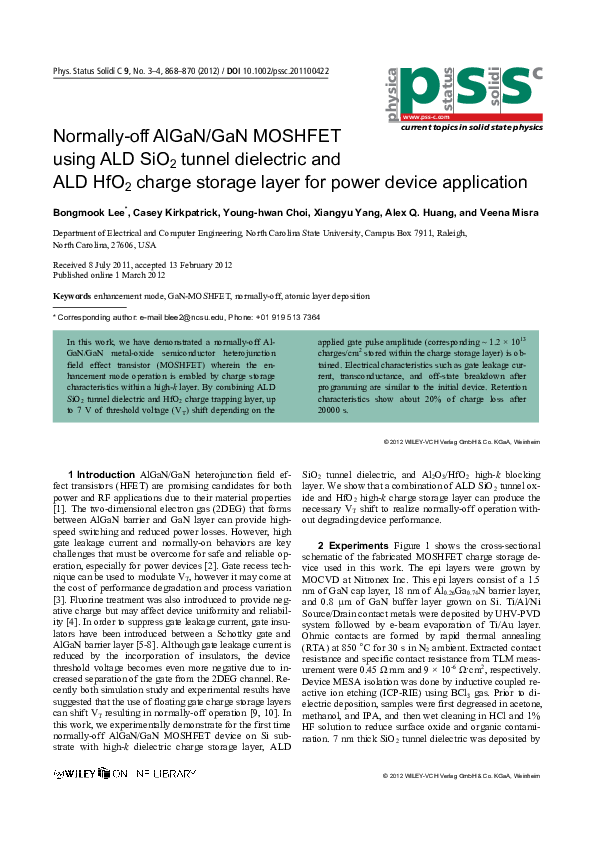 (PDF) Normally-off AlGaN/GaN MOSHFET using ALD SiO2 tunnel dielectric ...