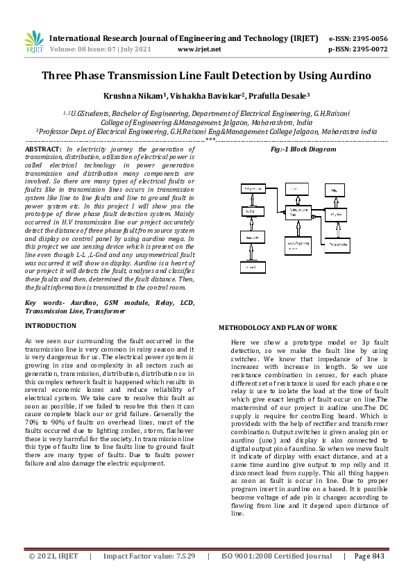 Pdf Irjet Three Phase Transmission Line Fault Detection By Using Aurdino Irjet Journal