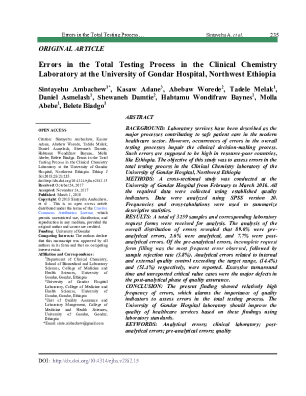 Pdf Errors In The Total Testing Process In The Clinical Chemistry Laboratory At The University