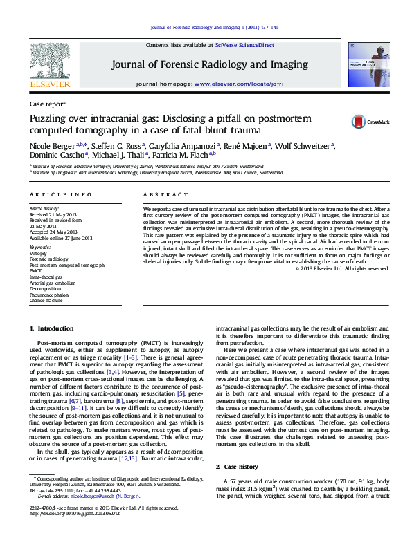 (PDF) Puzzling over intracranial gas: Disclosing a pitfall on postmortem computed tomography in ...