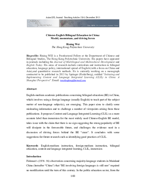 (PDF) Chinese-English Bilingual Education in China: Model, momentum ...
