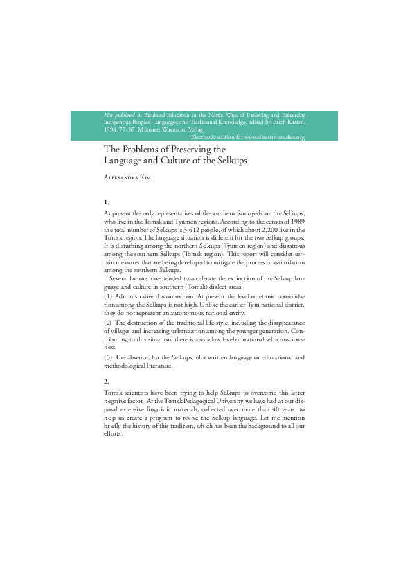 (PDF) The Problems of Preserving the Language and Culture of the Selkups