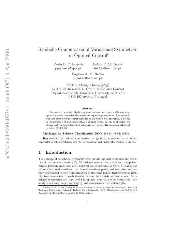 Pdf Symbolic Computation Of Variational Symmetries In Optimal Control