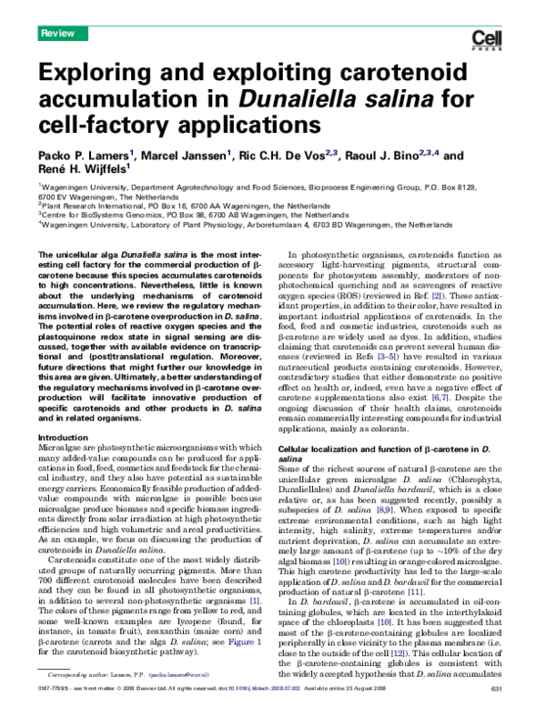 (PDF) Exploring and exploiting carotenoid accumulation in Dunaliella salina for cell-factory ...