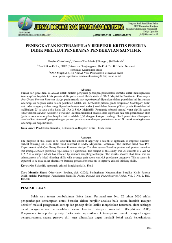 (PDF) Peningkatan Keterampilan Berpikir Kritis Peserta Didik Melalui Penerapan Pendekatan Saintifik
