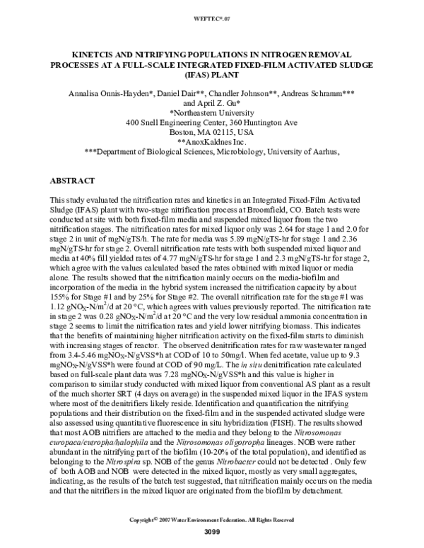 (PDF) Kinetcis And Nitrifying Populations In Nitrogen Removal Processes ...
