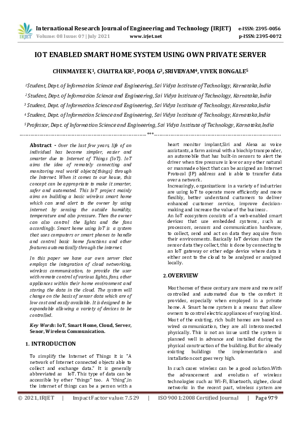 (PDF) IRJET- IOT ENABLED SMART HOME SYSTEM USING OWN PRIVATE SERVER