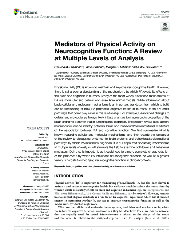 (PDF) Mediators of Physical Activity on Neurocognitive Function: A Review at Multiple Levels of ...