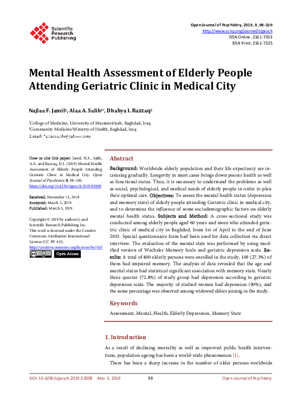 (PDF) Mental Health Assessment of Elderly People Attending Geriatric ...