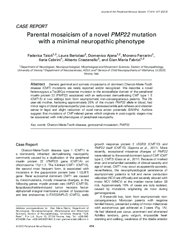 (PDF) Parental mosaicism of a novel PMP22 mutation with a minimal ...