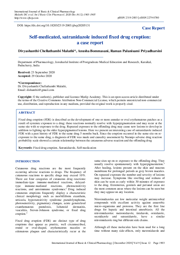 (PDF) Self-medicated, satranidazole induced fixed drug eruption: a case ...