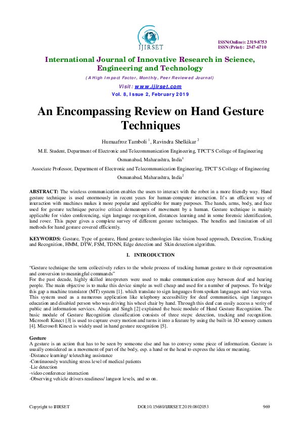 (PDF) An Encompassing Review on Hand Gesture Techniques