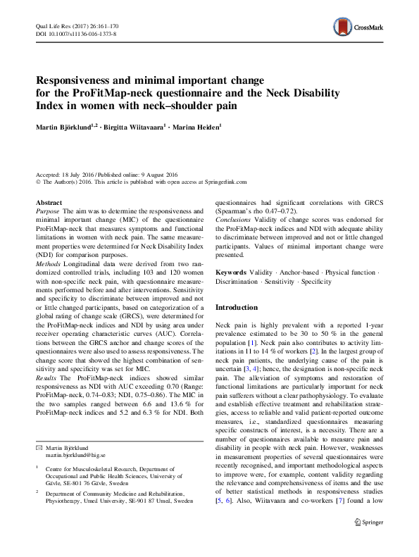 (PDF) Responsiveness and minimal important change for the ProFitMap ...