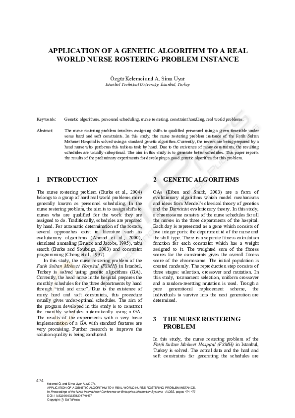 Pdf Application Of A Genetic Algorithm To A Real World Nurse Rostering Problem Instance