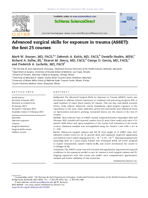 (PDF) Advanced surgical skills for exposure in trauma (ASSET): the ...