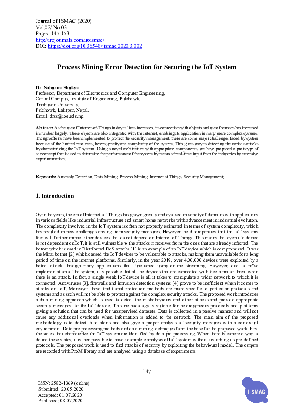 Pdf Process Mining Error Detection For Securing The Iot System