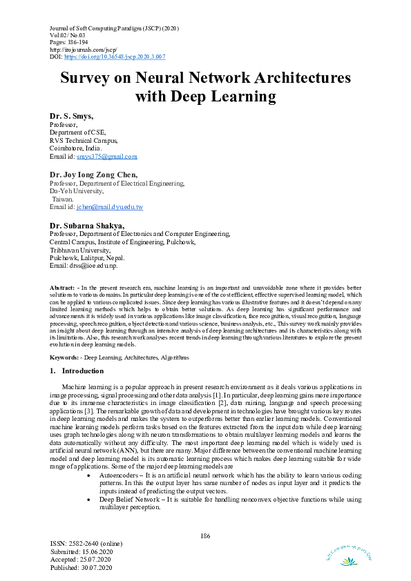 Pdf Survey On Neural Network Architectures With Deep Learning