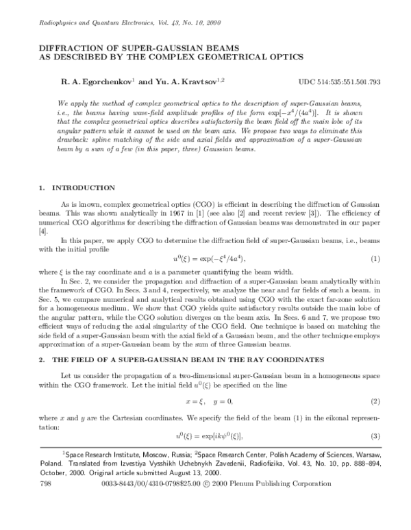 (PDF) Diffraction of Super-Gaussian Beams as Described by the Complex ...