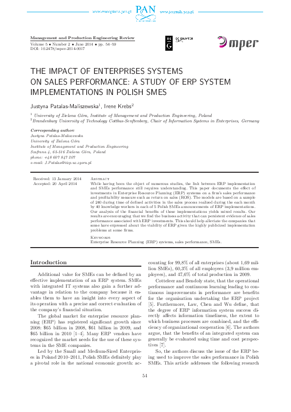 (PDF) The Impact of Enterprises Systems on Sales Performance: A Study of Erp System ...