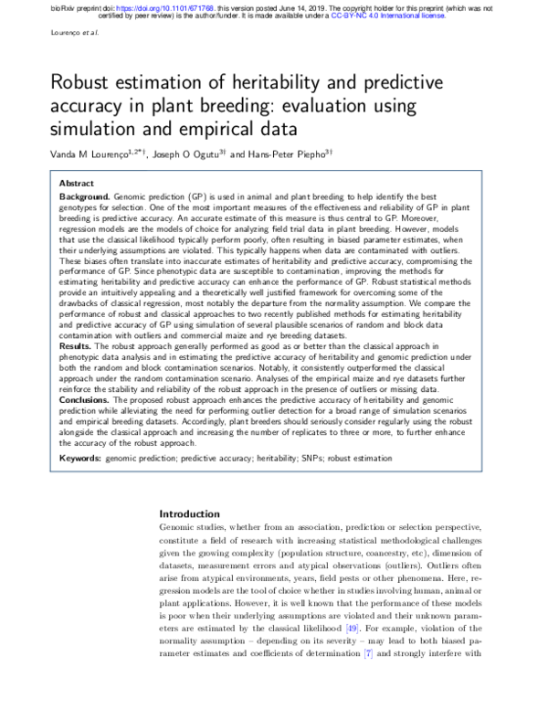 (PDF) Robust estimation of heritability and predictive accuracy in plant breeding: evaluation ...