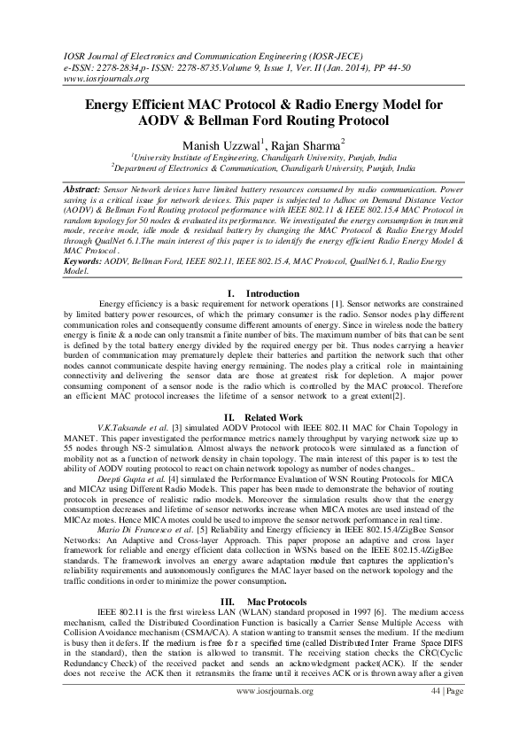 (PDF) Energy Efficient MAC Protocol & Radio Energy Model for AODV & Bellman Ford Routing Protocol