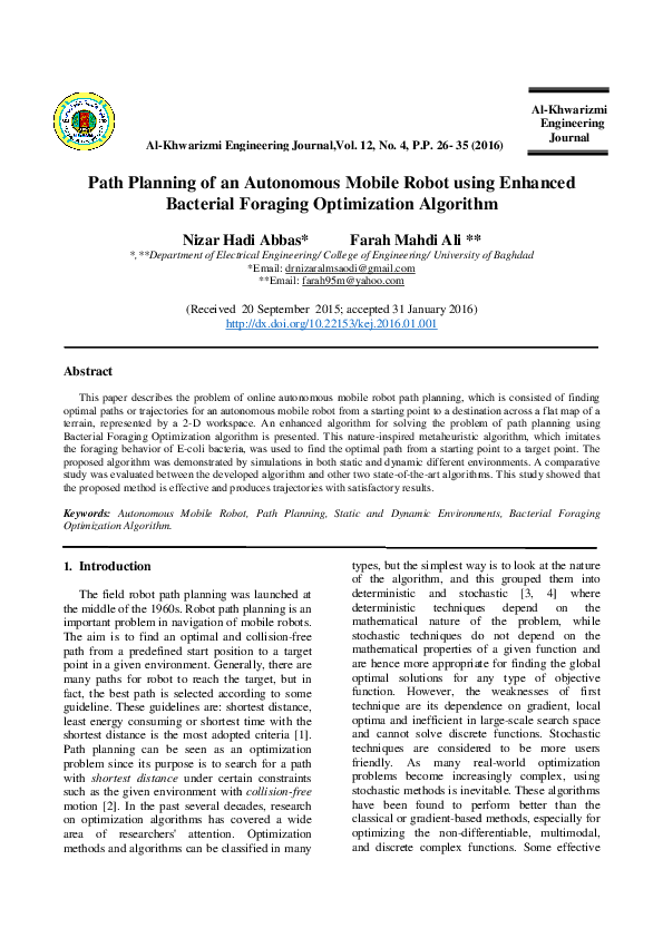 (PDF) Path Planning of an Autonomous Mobile Robot using Enhanced Bacterial Foraging Optimization ...