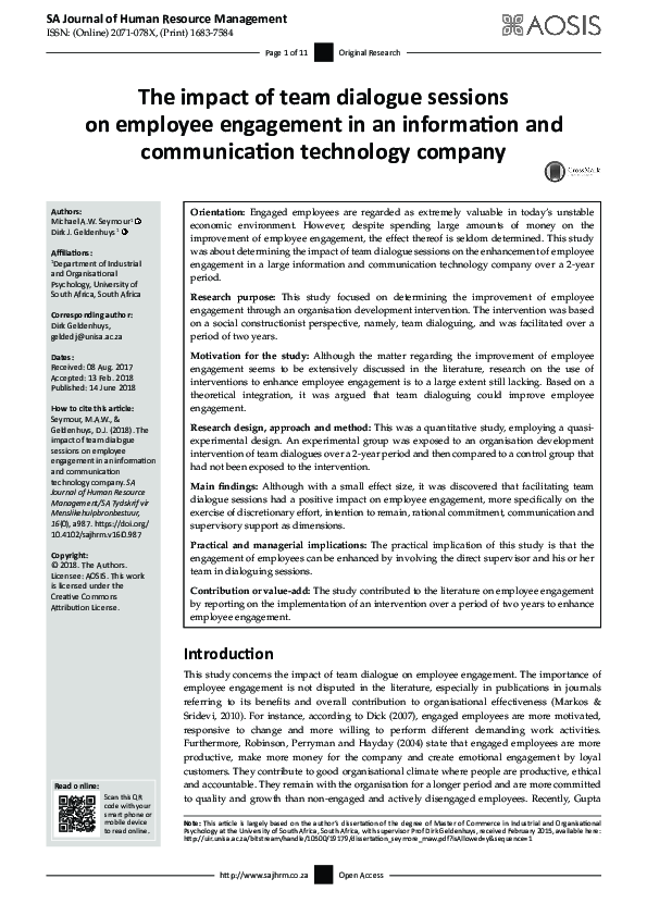 (PDF) The impact of team dialogue sessions on employee engagement in an ...