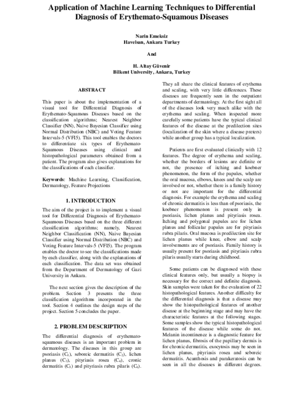 (PDF) Differential Diagnosis of Erythemato-Squamous Diseases Machine Learning Application