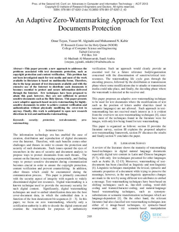 Pdf An Adaptive Zero Watermarking Approach For Text Documents Protection Omar Tayan