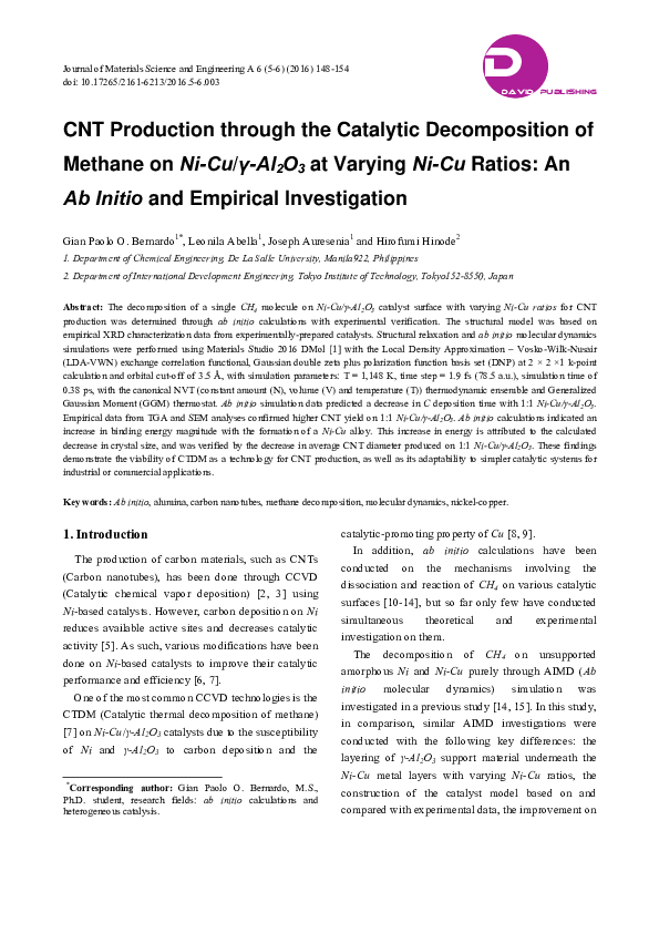 (PDF) CNT Production through the Catalytic Decomposition of Methane on ...