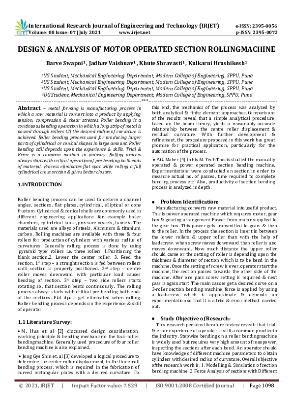 (PDF) IRJET-DESIGN & ANALYSIS OF MOTOR OPERATED SECTION ROLLING MACHINE