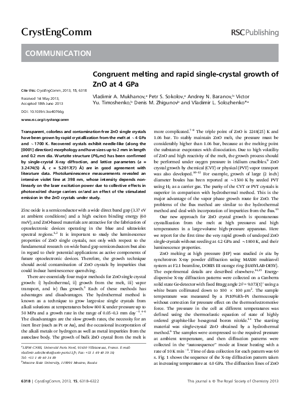 (PDF) Congruent melting and rapid single-crystal growth of ZnO at 4 GPa