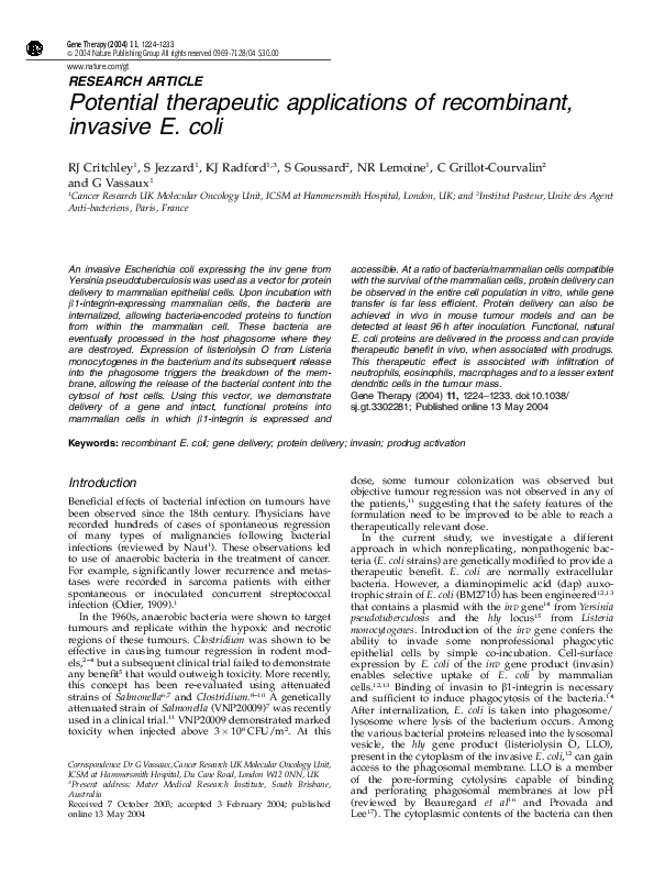 (PDF) Potential therapeutic applications of recombinant, invasive E ...