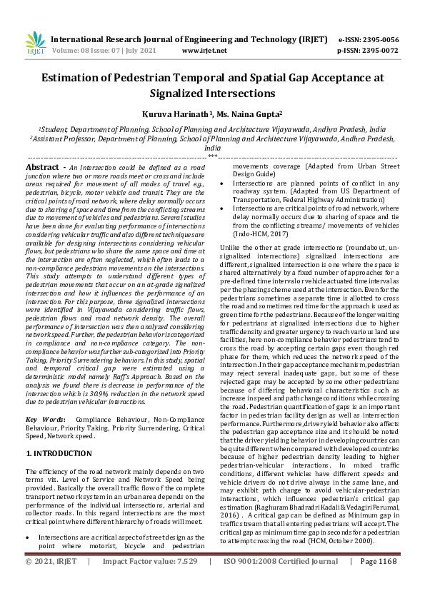 (PDF) IRJET- Estimation of Pedestrian Temporal and Spatial Gap Acceptance at Signalized ...