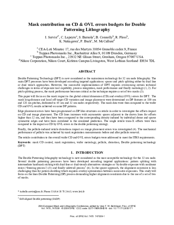 (PDF) Mask contribution on CD and OVL errors budgets for double patterning lithography