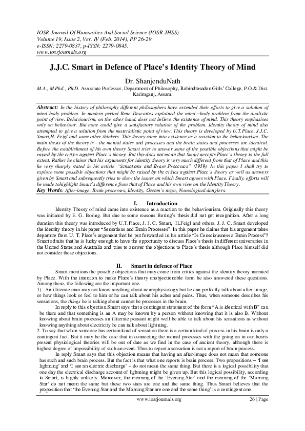 (PDF) J.J.C. Smart in Defence of Place’s Identity Theory of Mind