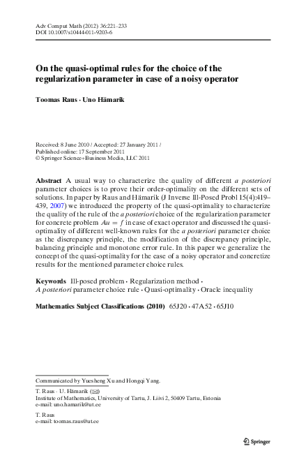 (PDF) On the quasi-optimal rules for the choice of the regularization ...