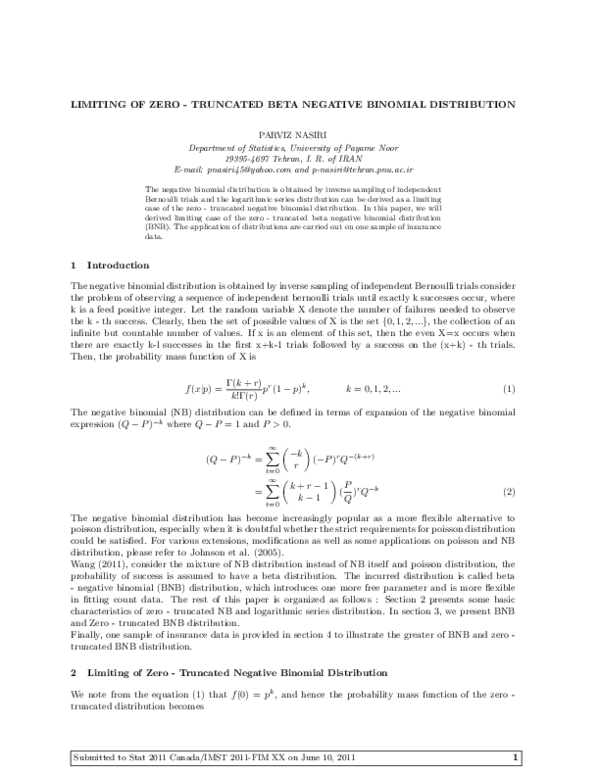 (PDF) Limiting of Zero -Truncated Beta Negative Binomial Distribution | parviz Nasiri - Academia.edu