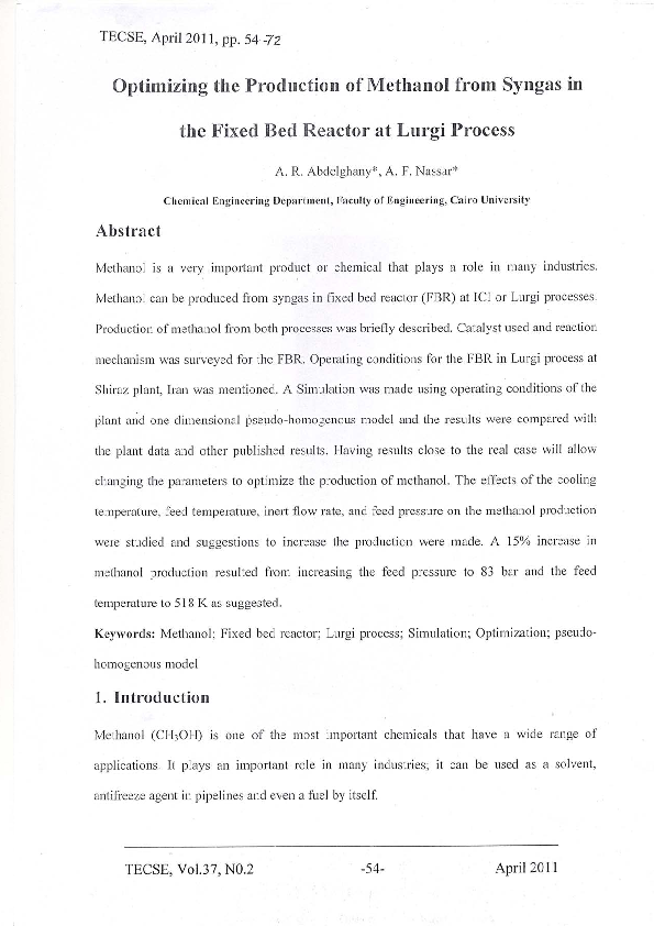 (PDF) Optimizing the Production of Methanol from Syngas in the Fixed ...