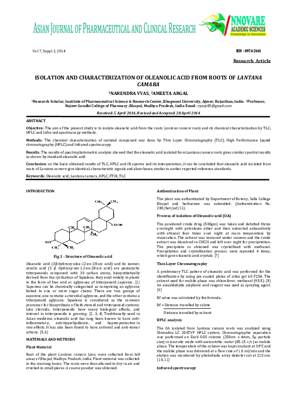 (PDF) Isolation and Characterization of Oleanolic Acid from Roots of ...
