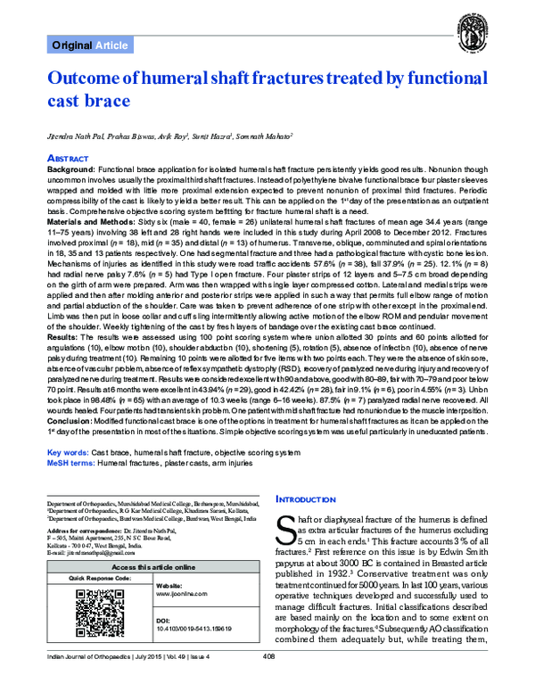 (PDF) Outcome of humeral shaft fractures treated by functional cast brace