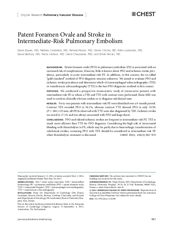 (PDF) Patent Foramen Ovale and Stroke in Intermediate-Risk Pulmonary ...