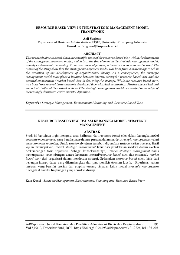 (PDF) Resource Based View Dalam Kerangka Model Strategic Management