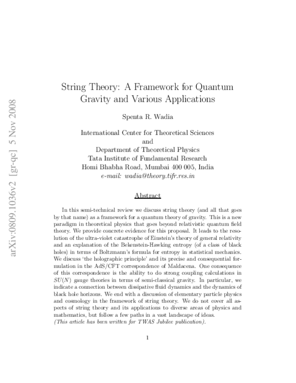(PDF) String theory: a framework for quantum gravity and various applications