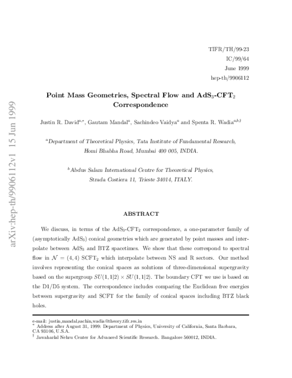 (PDF) Point mass geometries, spectral flow and AdS3–CFT2 correspondence